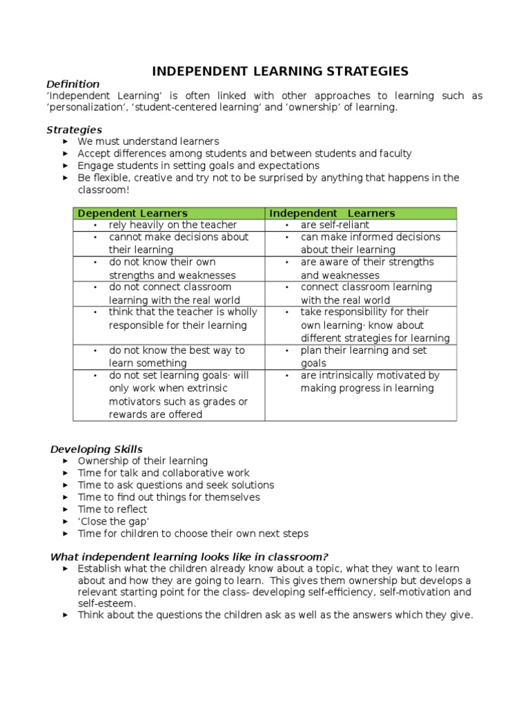 Independent Learning Strategies | PDF | Action (Philosophy ...