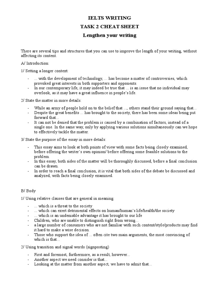 IELTS Writing Task 2 Cheat Sheet | PDF | Essays | Cognition
