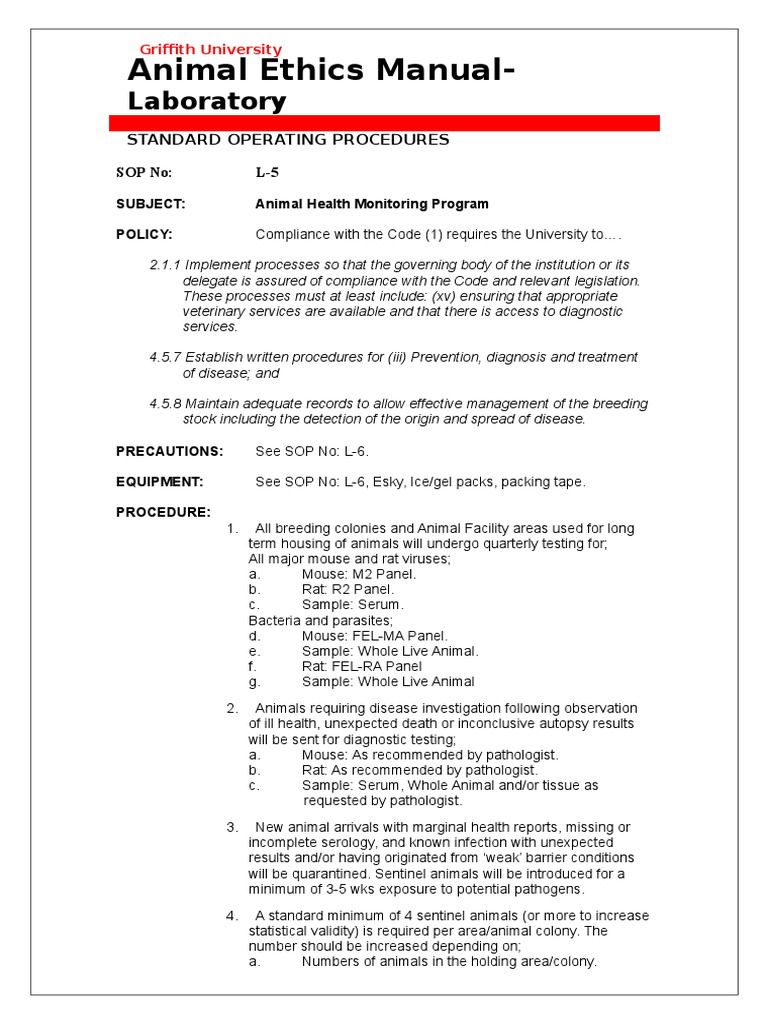 SOP a a Animal Health Monitoring Program | Pathology | Veterinary Medicine