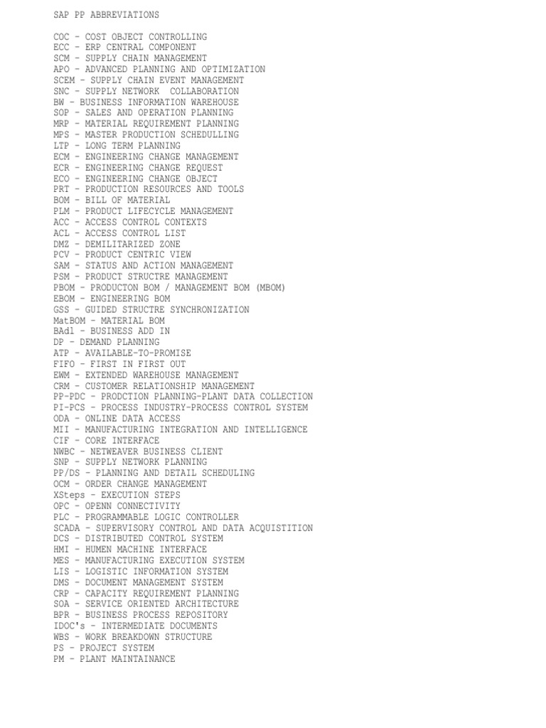 Sap PP Abbreviations | PDF | Computing | Information Technology