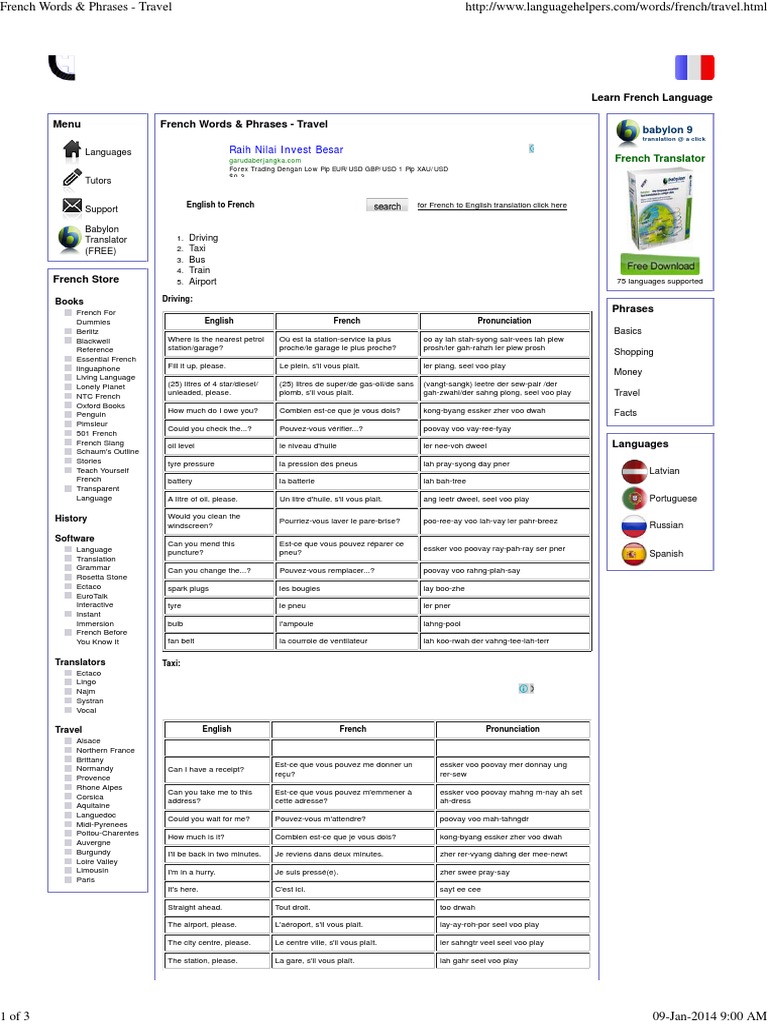 French Words & Phrases - Travel | PDF | Languages | Transport