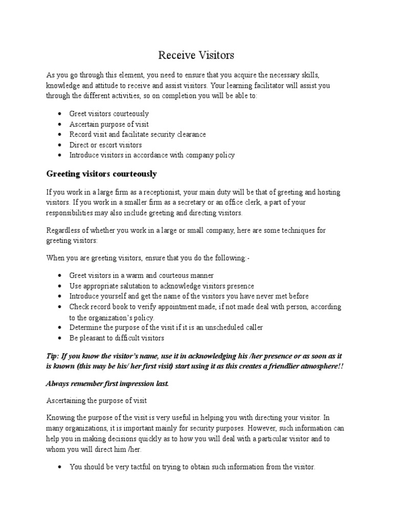 Receive Visitors | PDF | Confidentiality | Facilitator