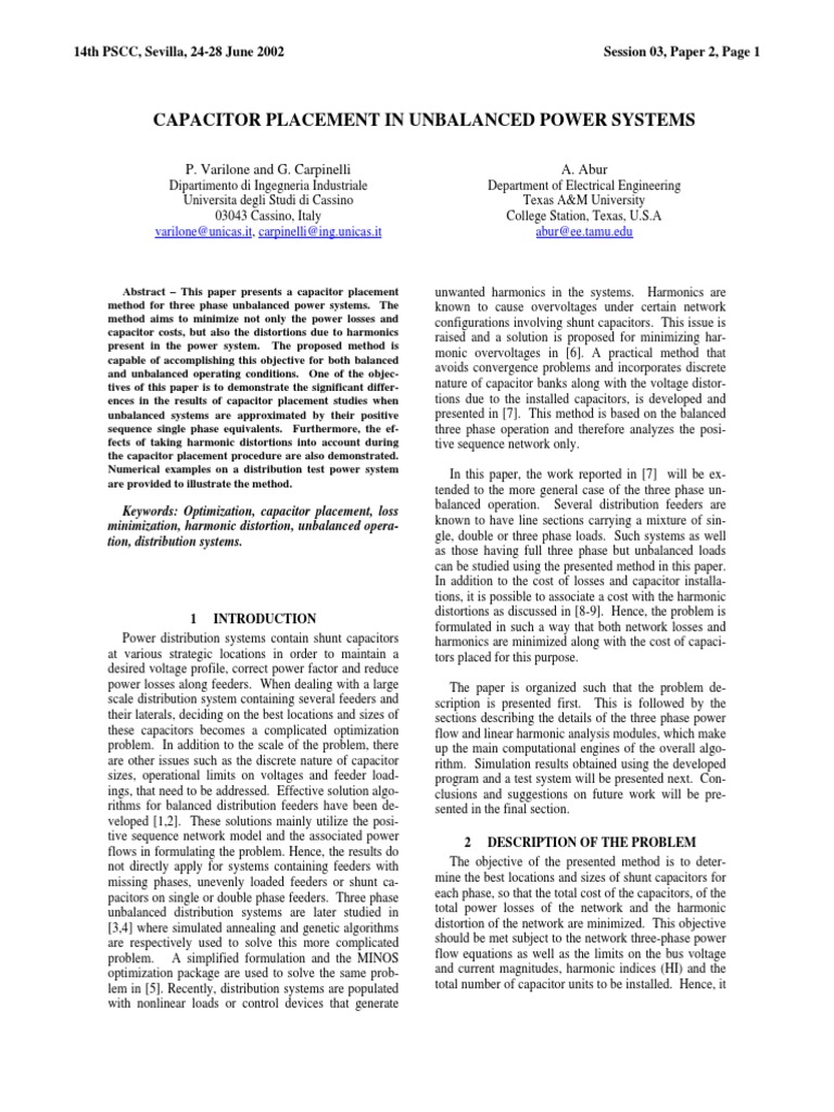 Capacitor Placement in Unbalanced Power Systems | PDF | Capacitor | Mathematical Optimization