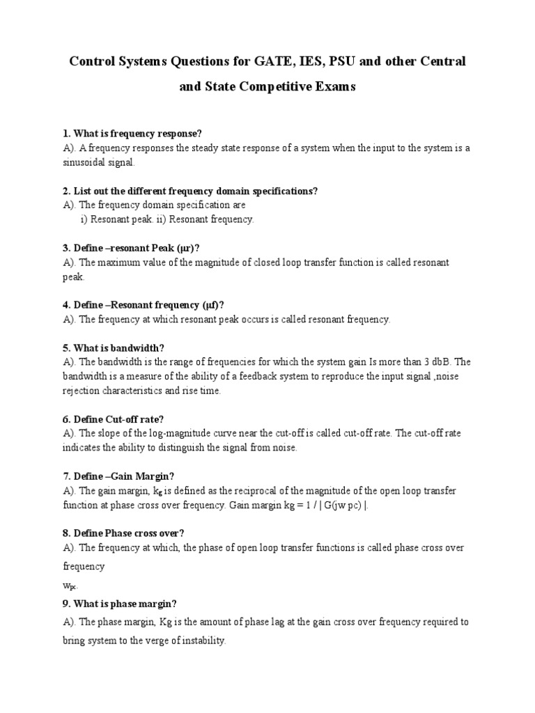 Control Systems Questions For GATE, IES, PSU and Other Central and ...
