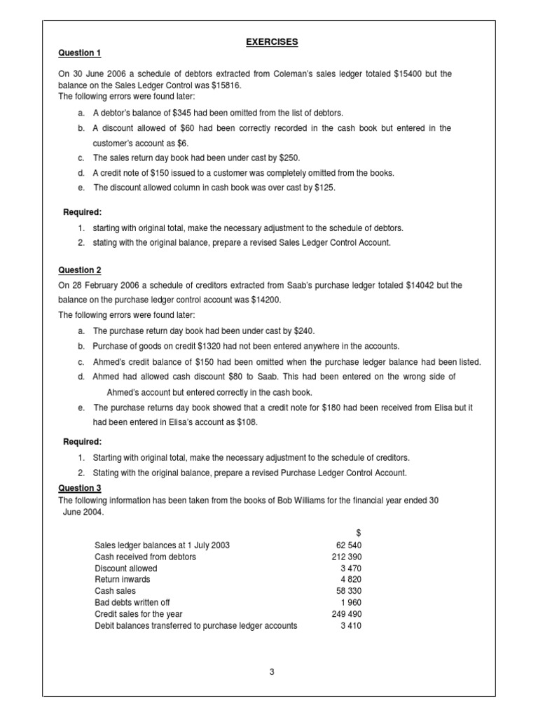 Sales Ledger Control Account Exercises | PDF | Ledger | Debits And Credits