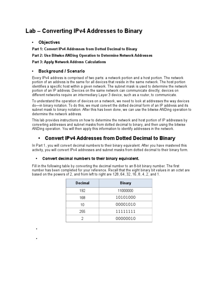 Itn801 8 2 1 8 Converting Ipv4 Addresses To Binary Pdf Ip Address Network Layer Protocols