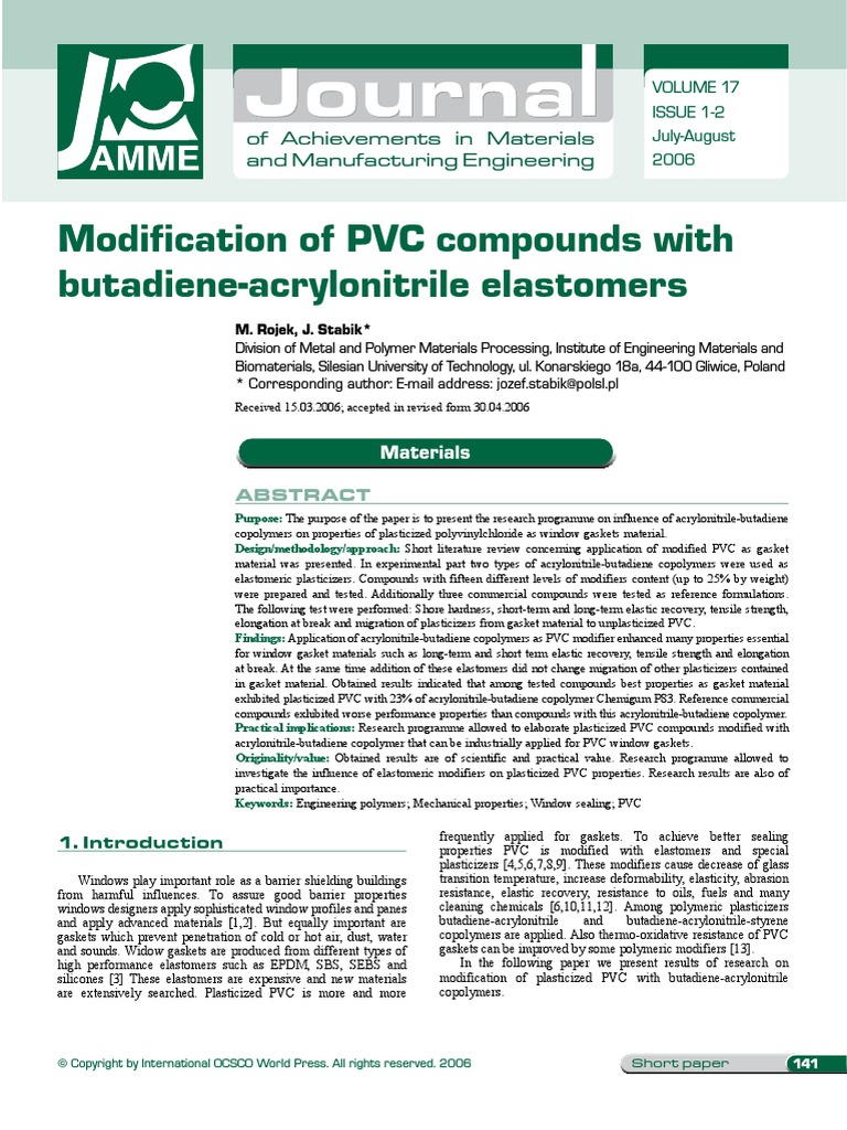 Modification of PVC Compounds With NBR | PDF | Polyvinyl Chloride ...