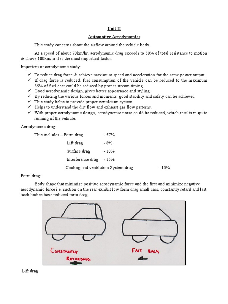 Unit II Automotive Aerodynamics | PDF | Drag (Physics) | Lift (Force)