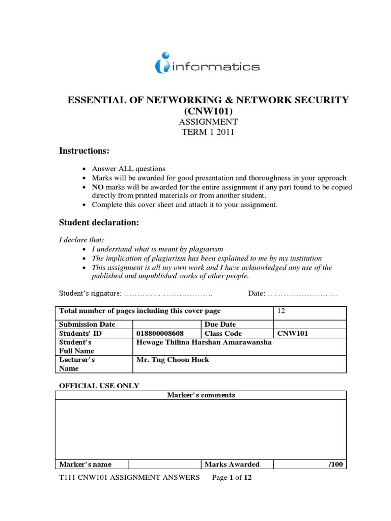 CNW101 Network Security Assignment | PDF | Network Switch | Computer ...
