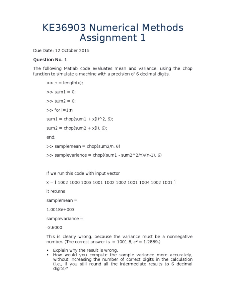 KE36903 Numerical Methods Assignment 1: Question No. 1 | PDF | Algebra | Applied Mathematics