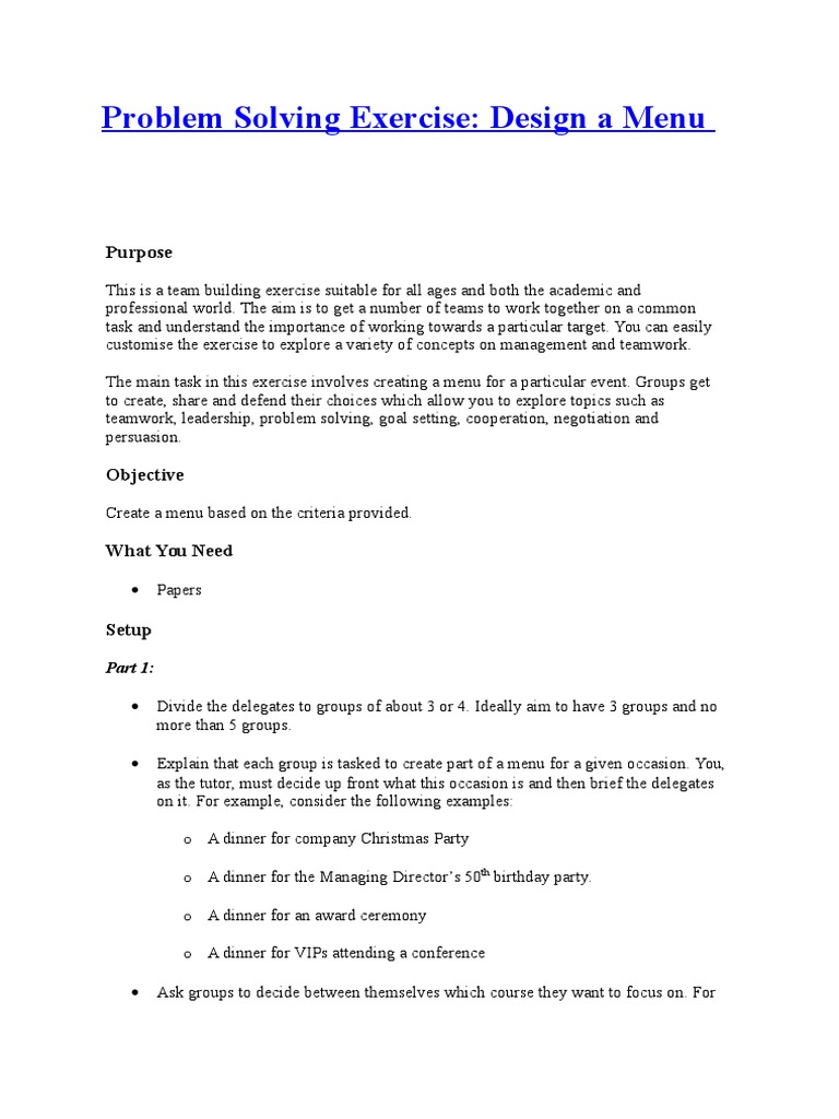 Problem Solving - Exercise Design A Menu | PDF | Menu | Brainstorming