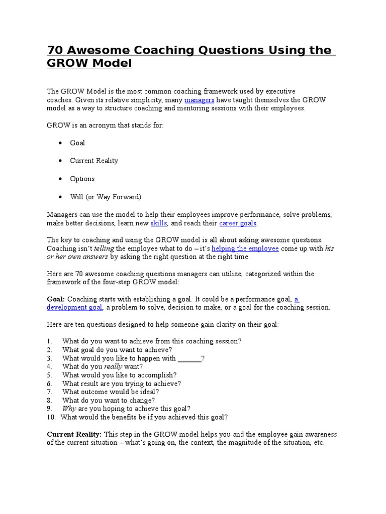 70 Awesome Coaching Questions Using The GROW Model | PDF | Goal ...