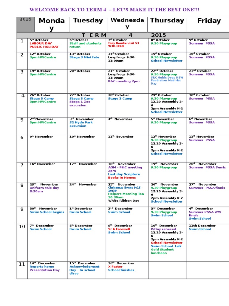 Term 4 2015 School Calendar Events | PDF