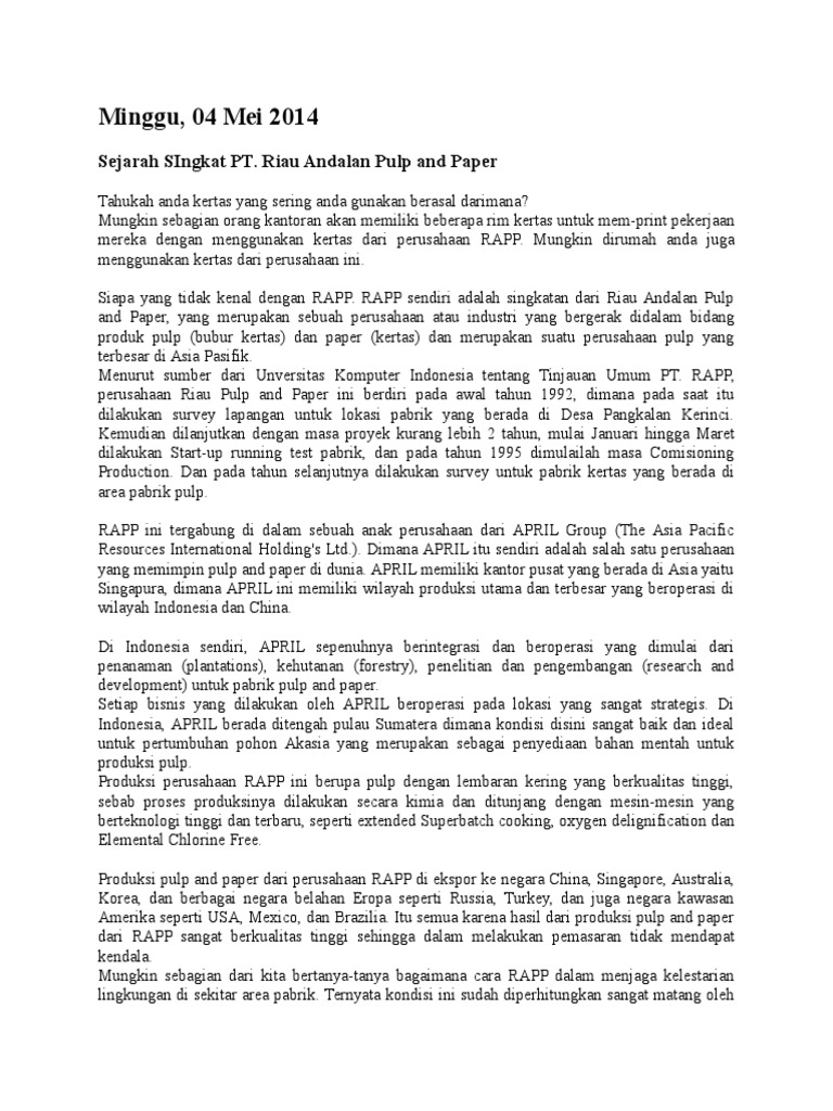 Sejarah SIngkat PT. Riau Andalan Pulp and Paper | PDF