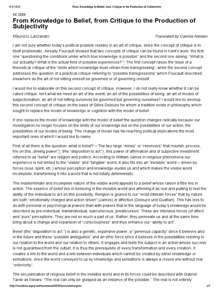 Lazzarato Maurizio - From Knowledge To Belief, From Critique To The ...