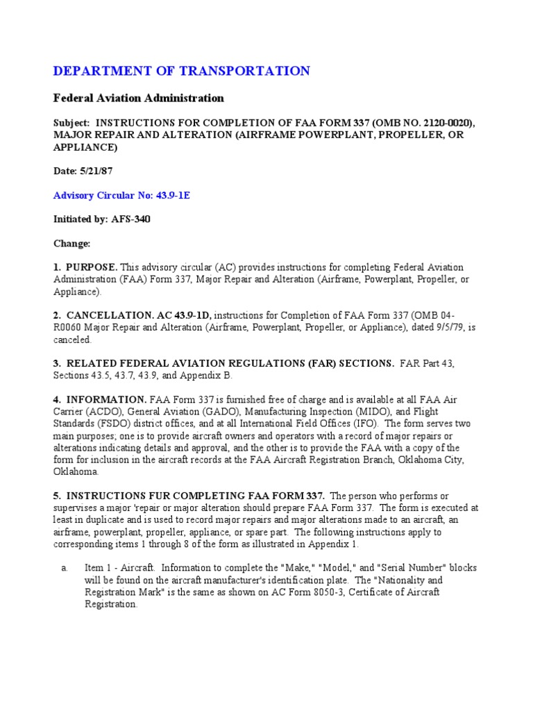 Ac 43.9-1e, Instructions for Completion of Faa Form 337 (Omb No[1 ...