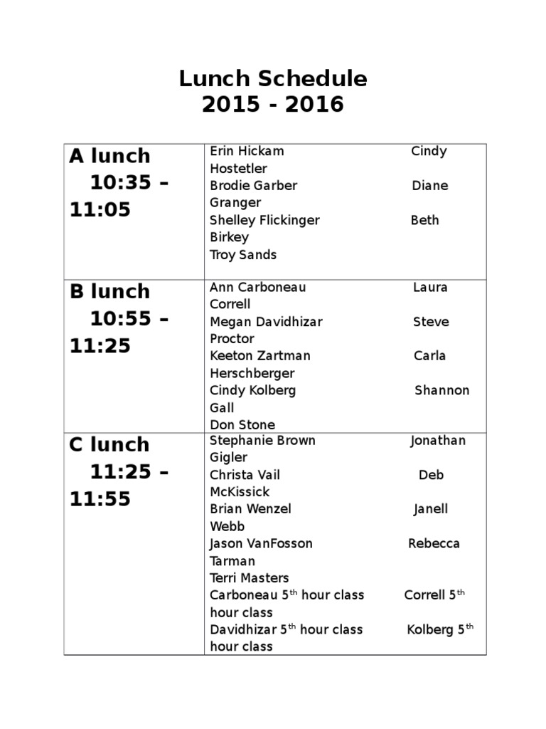 Staff Lunch Schedule | PDF | Sports & Recreation