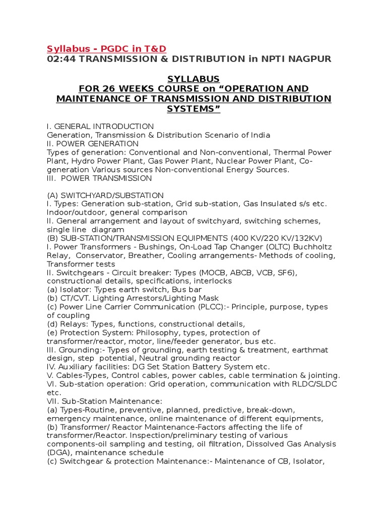 Syllabus For 26 Weeks Course On "Operation and Maintenance of ...