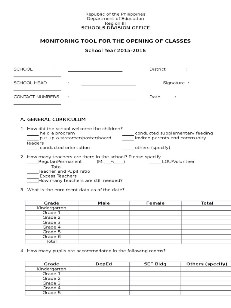Monitoring Tool For The Opening of Classes | PDF | Kindergarten ...