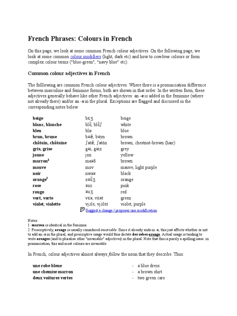 French Phrases: Colours in French | PDF | Grammatical Gender | Color