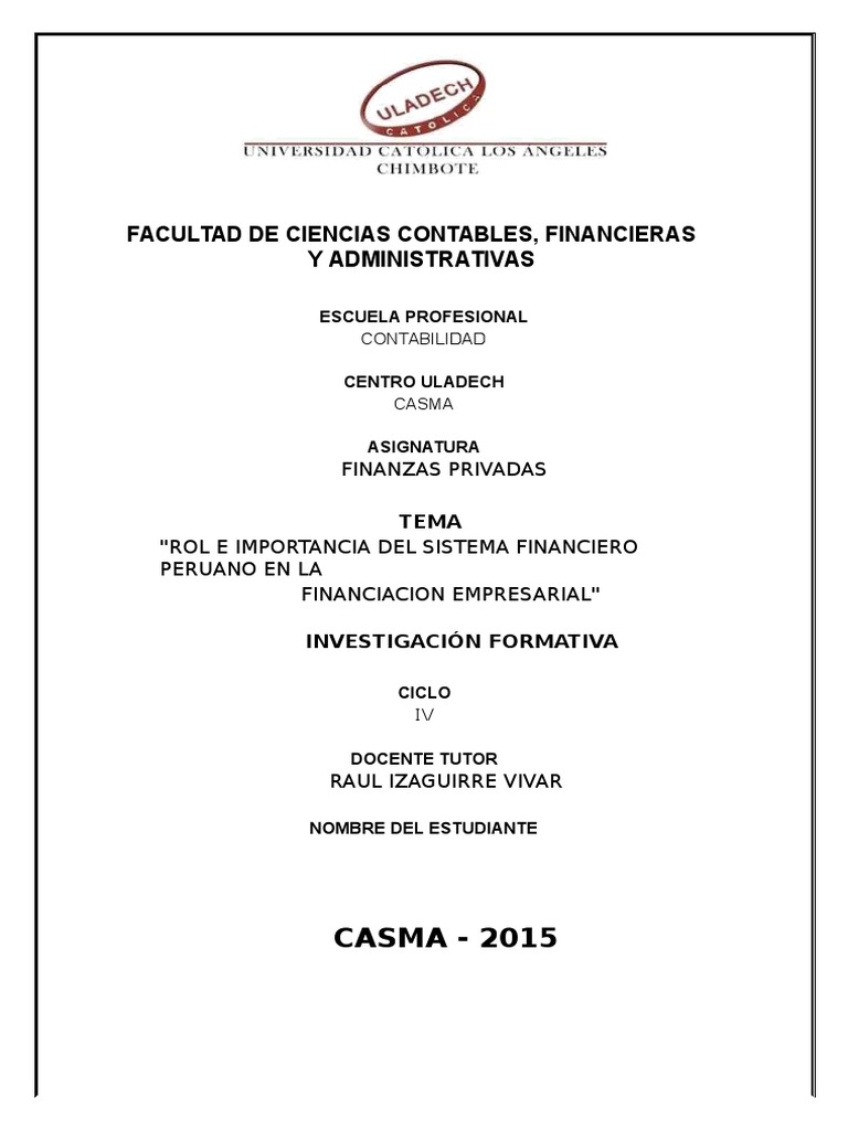 FINANZAS PRIVADAS I UNIDAD Rol de Importancia en Sistema Finciero ...
