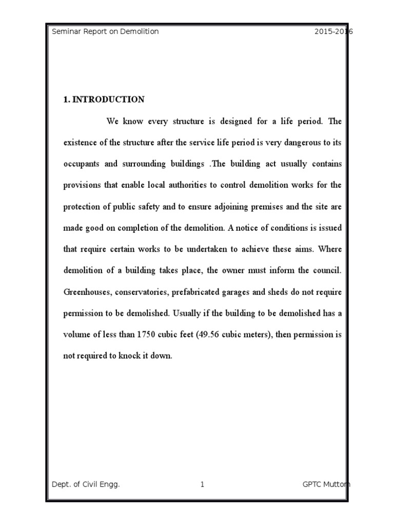 Seminar Report On Demolition 2015-2016 | PDF | Demolition | Engineering