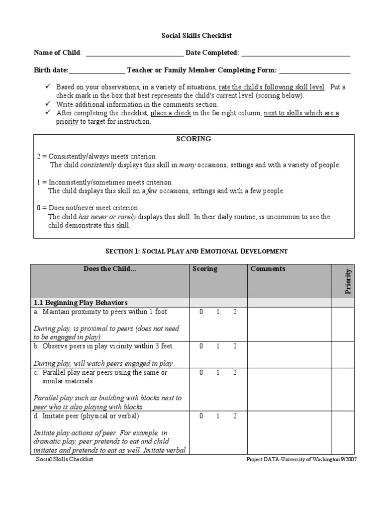 Social Skills Checklist 9-07-1 | Download Free PDF | Toys | Nonverbal ...