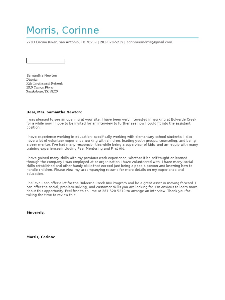 Co-op Cover Letter for Assistant Position | PDF