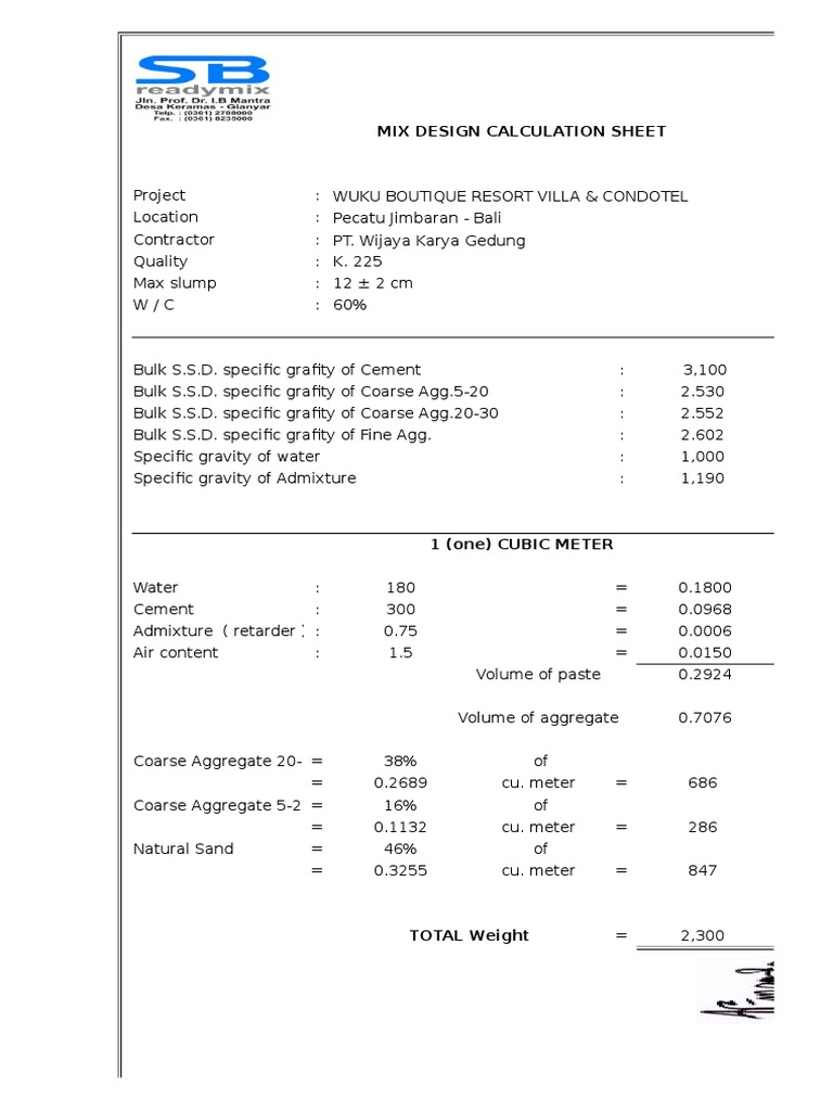 Mix Design Calculation Sheet | PDF