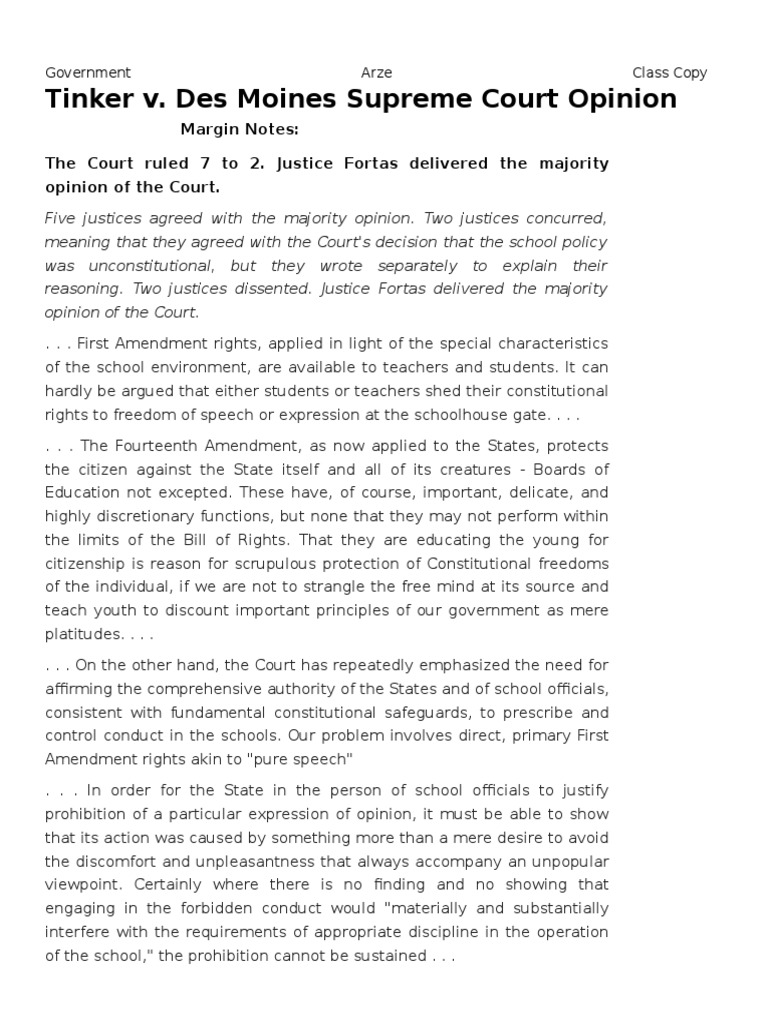 Tinker v. Des Moines: Free Speech Ruling | PDF | Supreme Court Of The ...