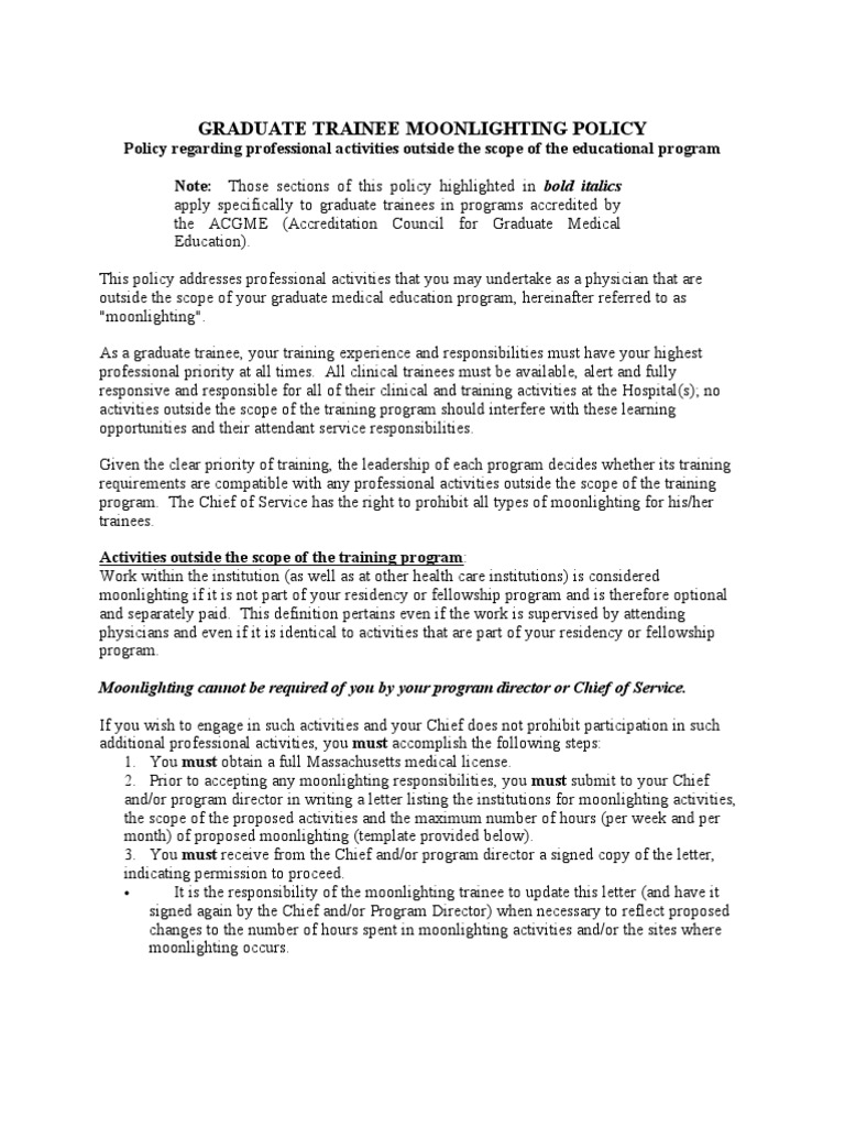 Moonlighting Policy and Template Ltr AY09-10 | Residency (Medicine) | H ...