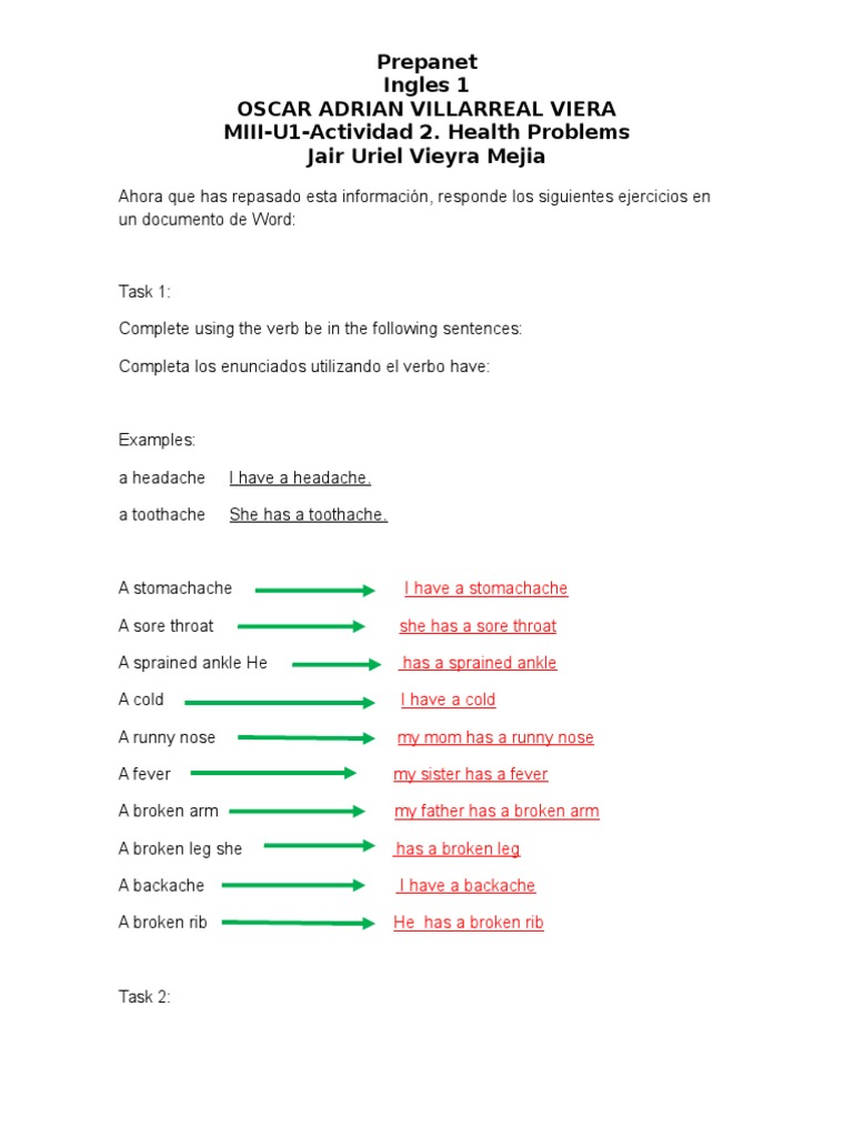 Health Problems Exercise for English 1 | PDF