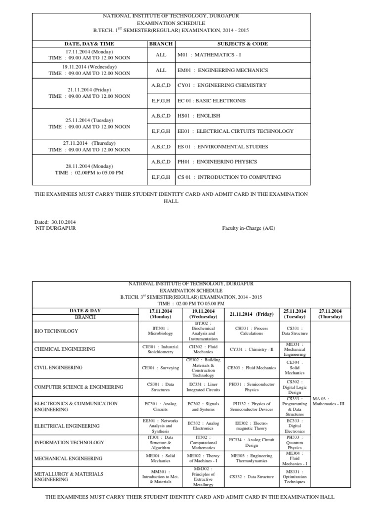 Time Table For Odd Semester Examination 14-15 | PDF | Engineering ...