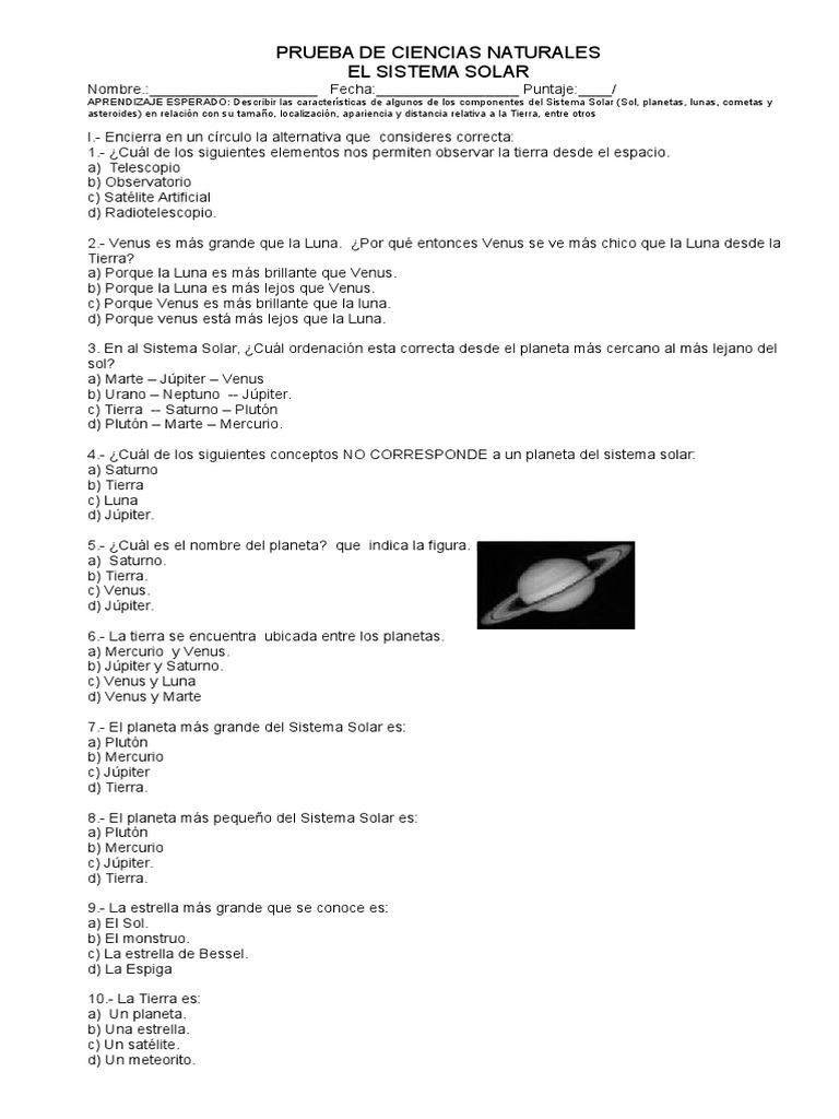 Prueba Del Sistema Solar Teachervision Evaluación Sistema Solar