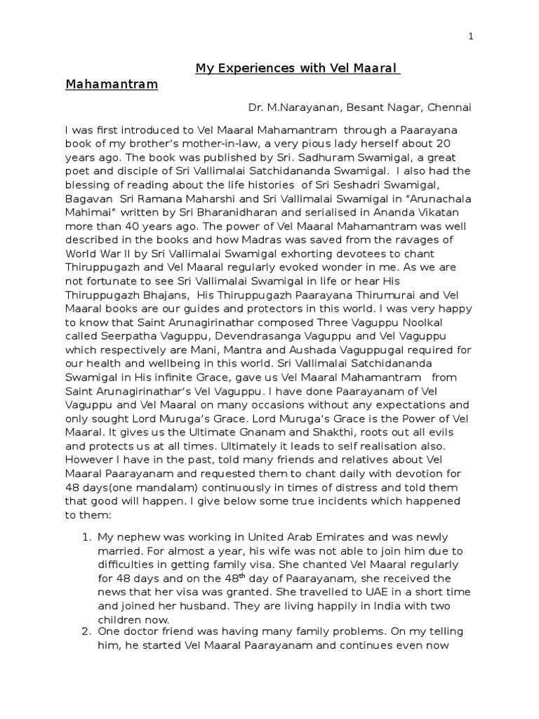 My Experiences With Vel Maaral Mahamantram | PDF | Religion & Spirituality