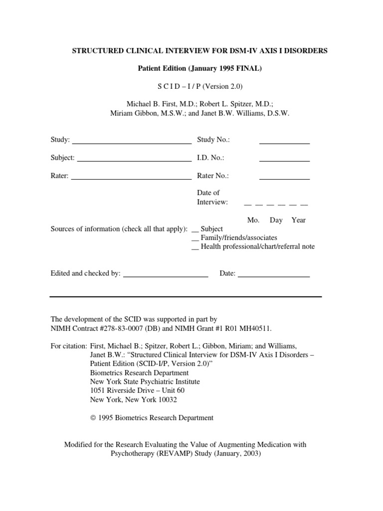 SCID - Full Interview | PDF | Major Depressive Disorder | Psychological ...