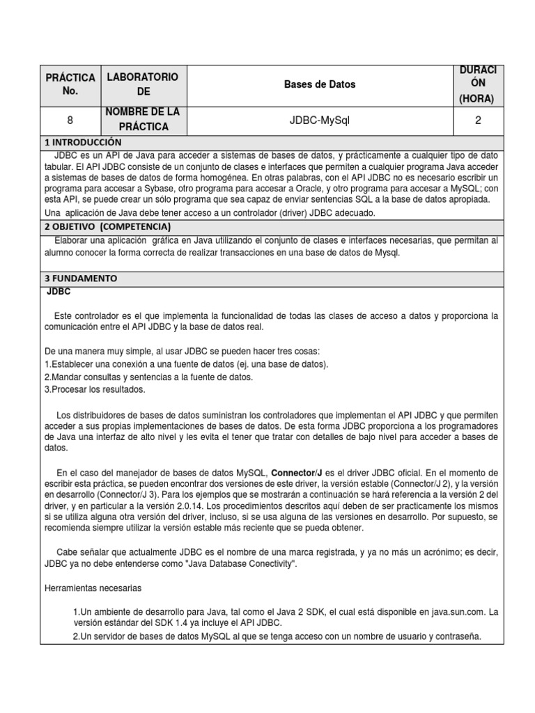 JDBC Practica | Descargar gratis PDF | Java (lenguaje de programación) | SQL