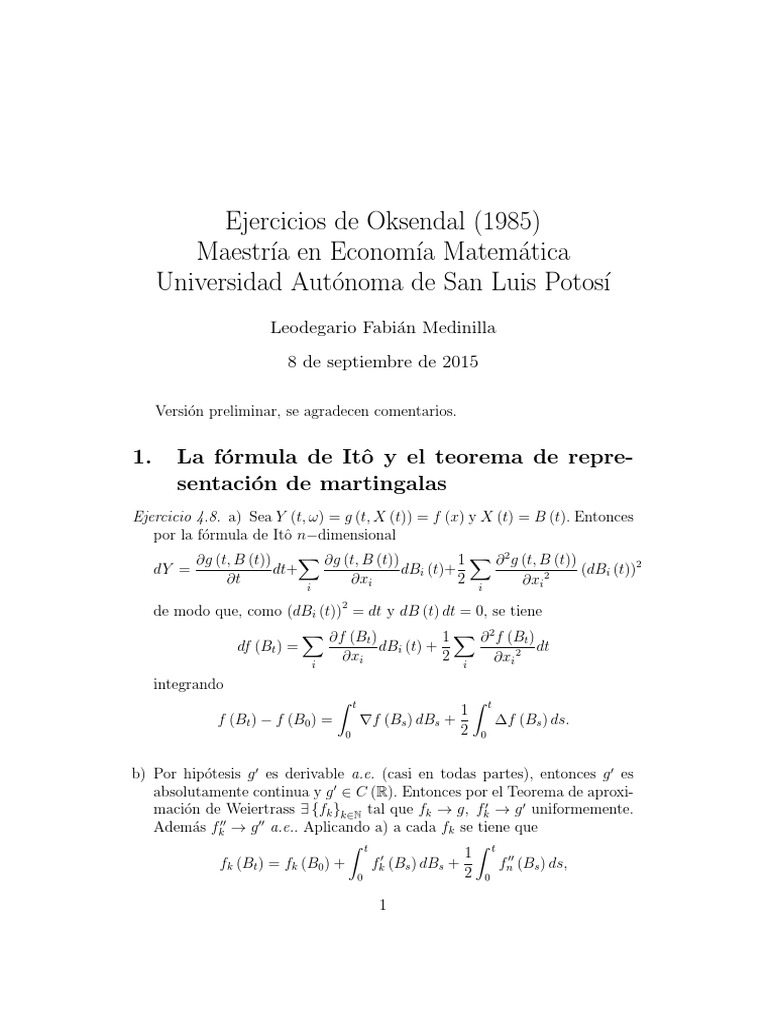 Ejercicio 4.8 Oksendal Teorema de Representación de Martingalas | PDF