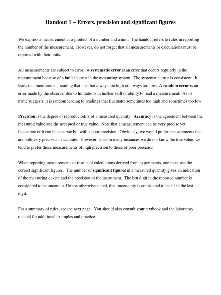 Handout 1 - Errors, Precision and Significant Figures | PDF | Significant Figures | Accuracy And ...