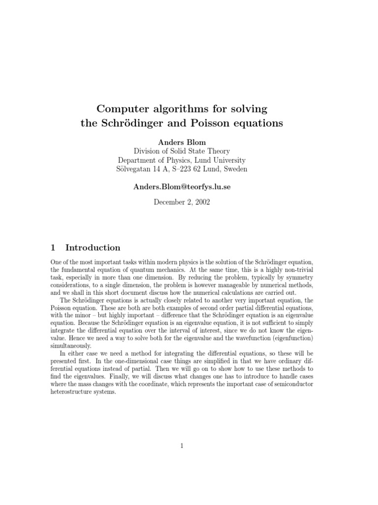 Computer Algorithms For Solving The SCHR Odinger and Poisson Equations ...