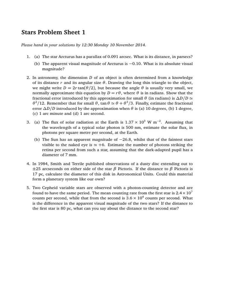 Stars and Planets 101 Problem Sheet | Download Free PDF | Stars ...