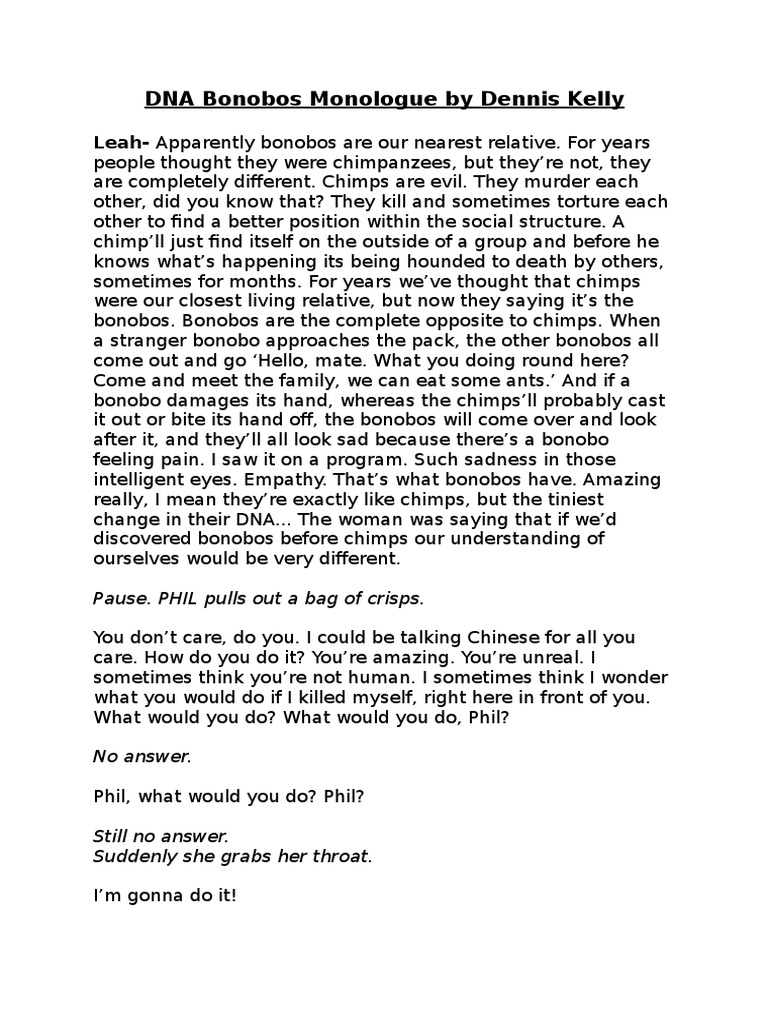 DNA Bonobos Monologue by Dennis Kelly | PDF | Chimpanzee