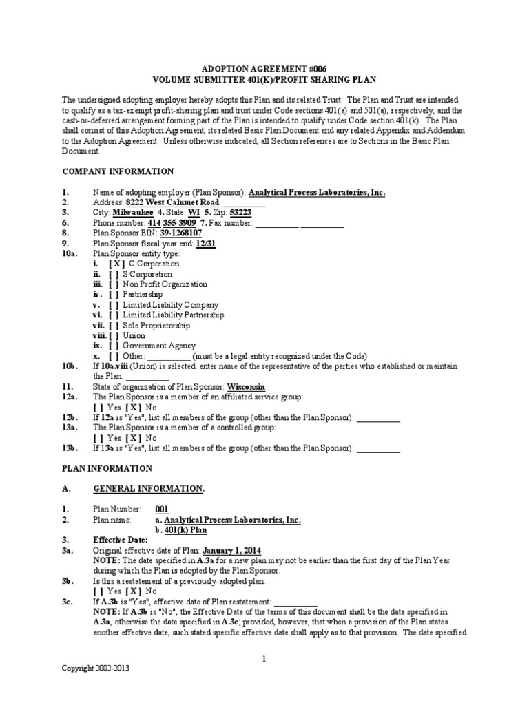 Adoption Agreement | PDF | 401(K) | Withholding Tax