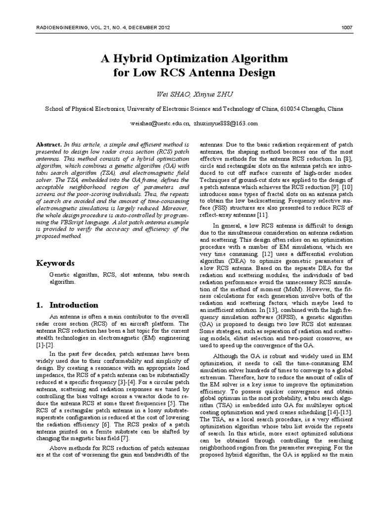 Hybrid algorithm designs low-RCS patch antennas | PDF | Antenna (Radio) | Mathematical Optimization