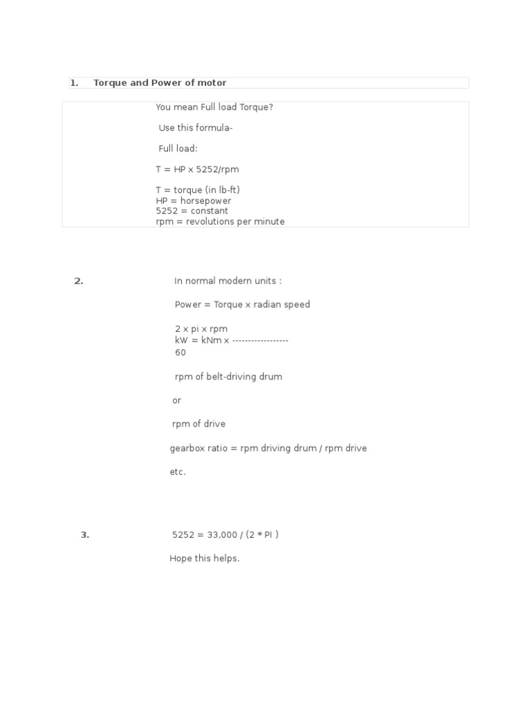 Torque and Power Calculations for Motors | PDF | Torque | Horsepower