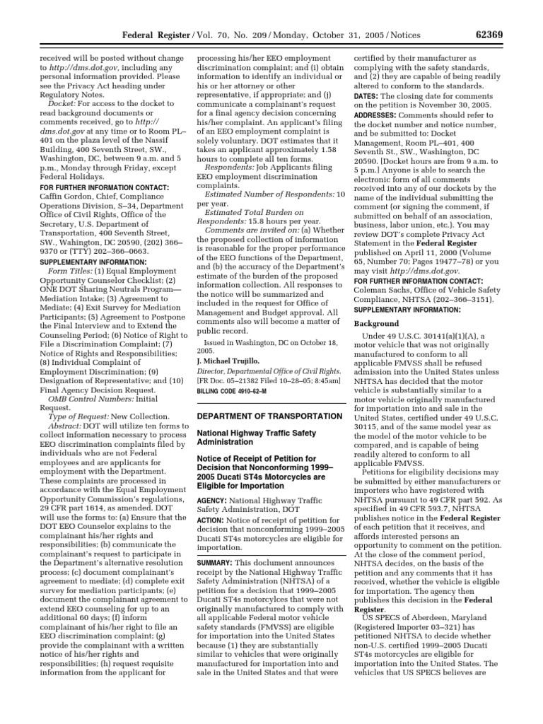 Notice: Motor Vehicle Safety Standards Nonconforming Vehicles ...