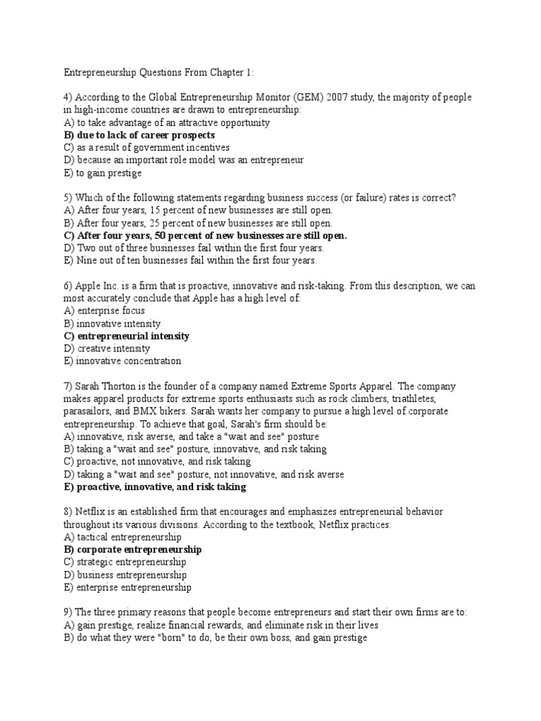 Chapter 1 Entrepreneurship MCQs and Answers | PDF | Small Business ...