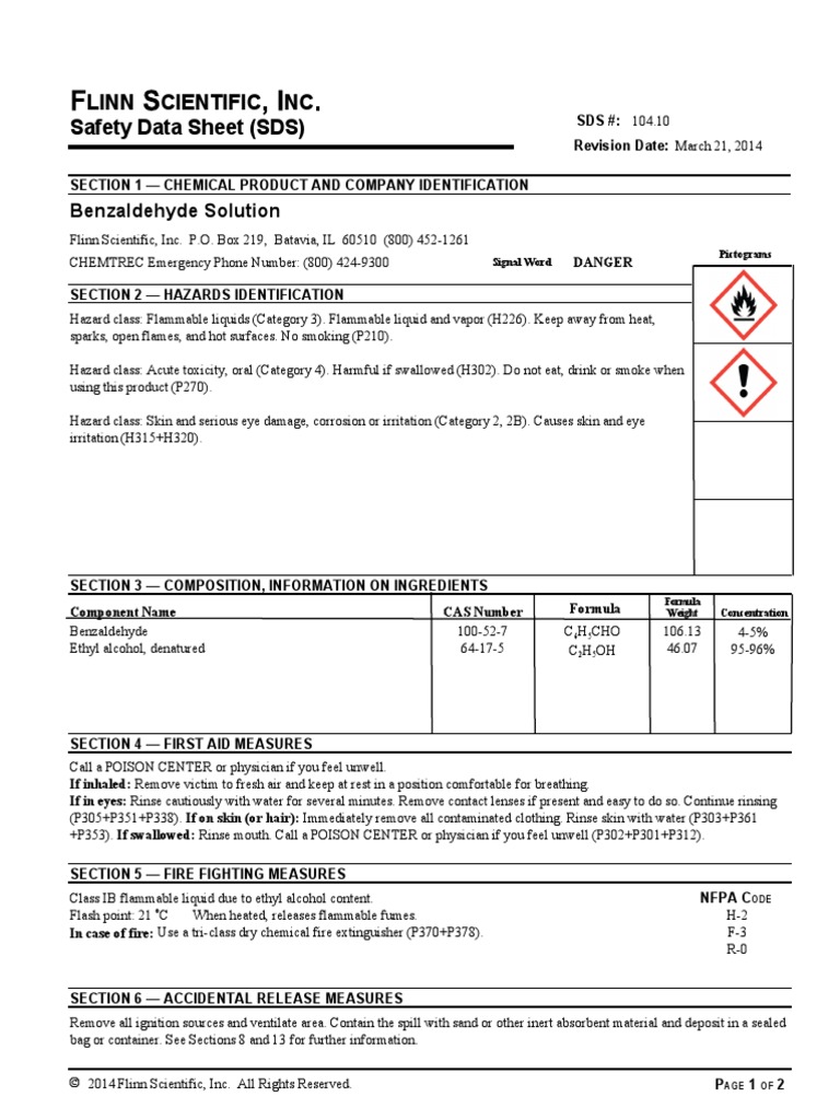 Safety Data Sheet (SDS) Linn Cientific NC: Benzaldehyde Solution ...