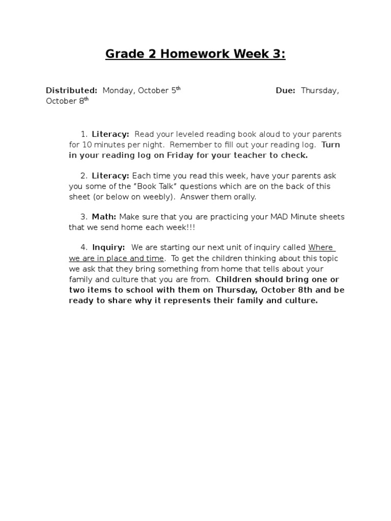 Grade 2 Homework Week 3:: Distributed: Monday, October 5 Due: Thursday ...