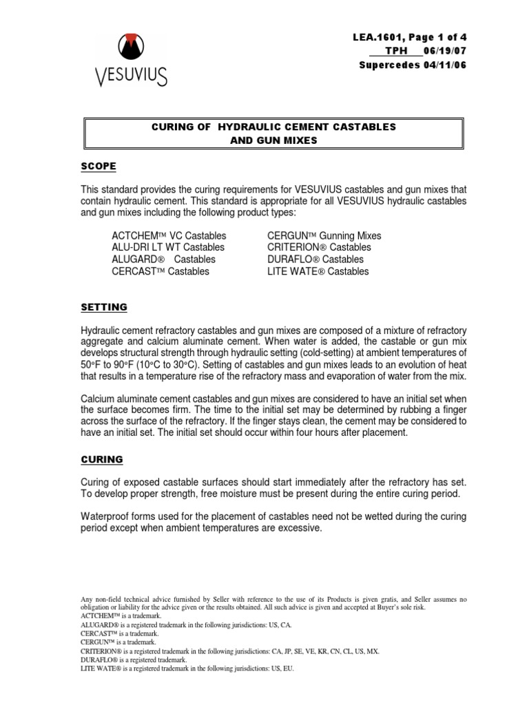 Curing Guidelines for Vesuvius Castables | PDF | Refractory | Cement